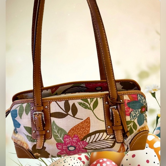 Fossil | Bags | Fossil Floral Canvas Leather Trim Satchelshoulder Bag ...
